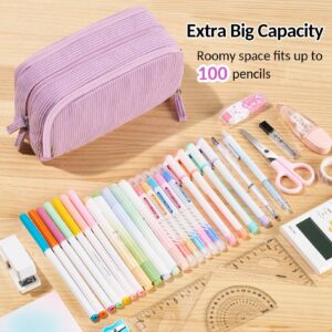 Sooez Big Capacity Pencil Case Pen Pouch, Soft Corduroy Pencil Bag with 3 Compartment, Multiple Pockets, Sturdy Zipper, Cute School Supplies Pen Bag Organizer For Teen Girls College