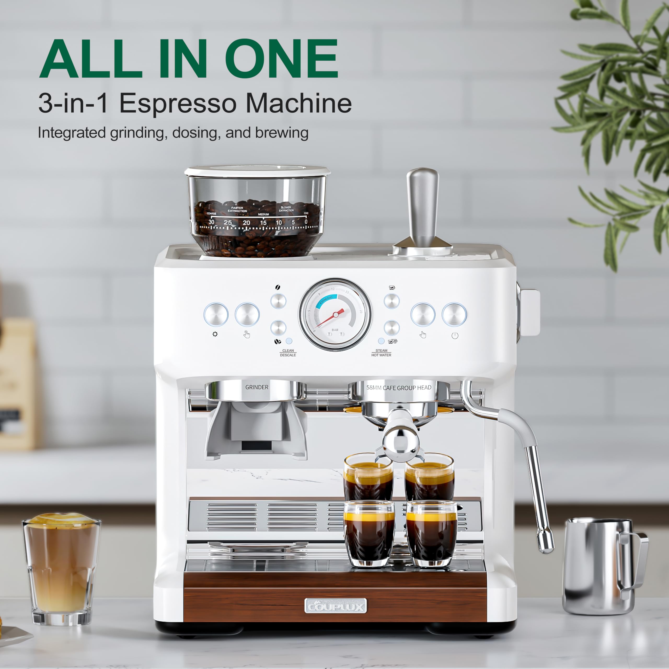 COUPLUX Espresso Machine with Grinder, Coffee and Espresso Maker Combo All in One Coffee Machine, 20 Bar Cafe Espresso Machine with Milk Frother for Latte Cappuccino, 2.8L Water Tank, 58MM Portafilter