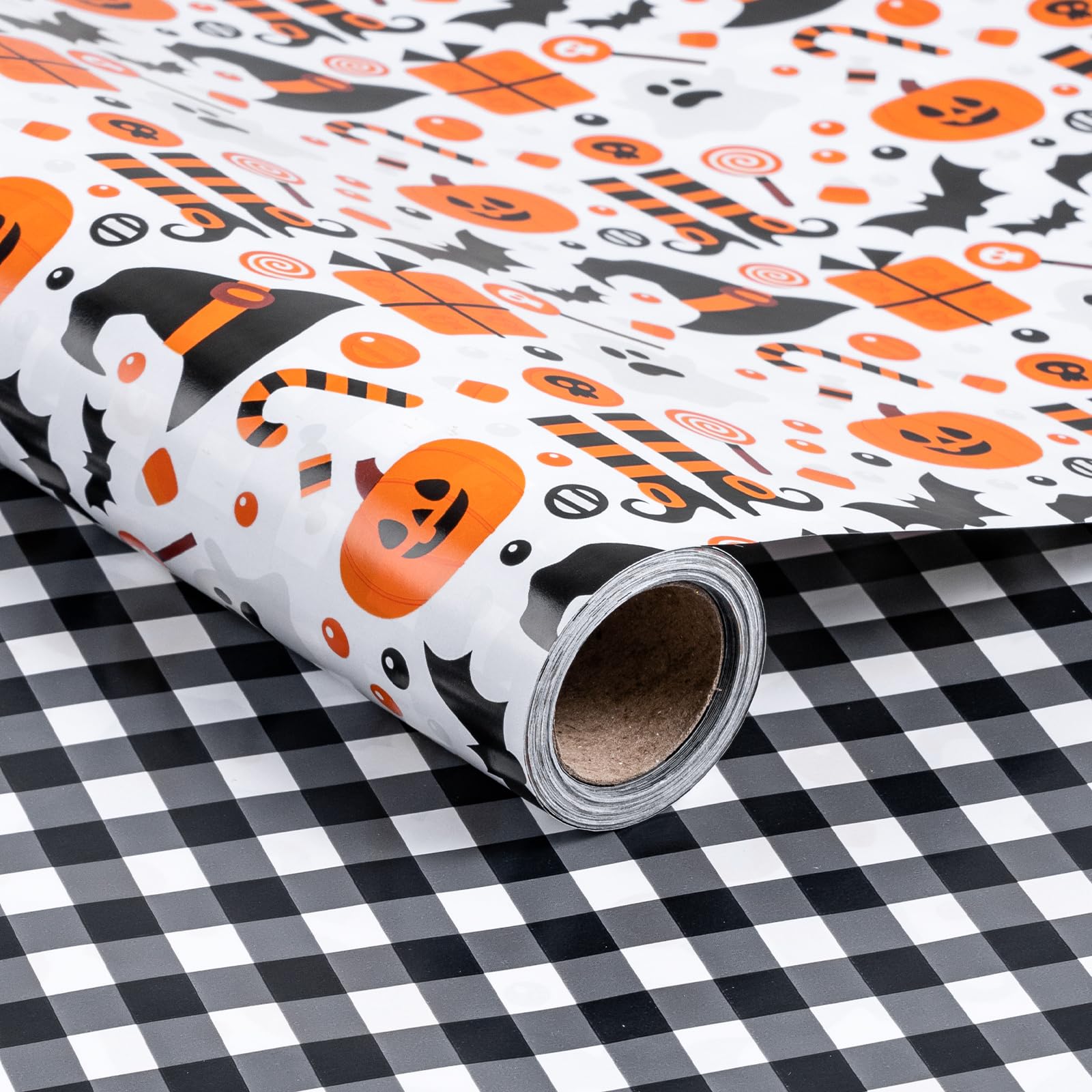 LeZakaa Reversible Halloween Wrapping Paper - Pumpkin, Witch Hat & Black and White Plaid Design for Halloween, Nightmare before Christmas Holiday, Party - 17 inches x 32.8 Feet (46.45 sq.ft.)