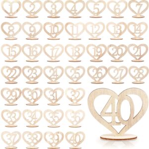 blulu 40 pieces wooden wedding table numbers heart shape 1-40 table numbers with holder base standing rustic hollow wood table numbers for wedding event party catering decoration