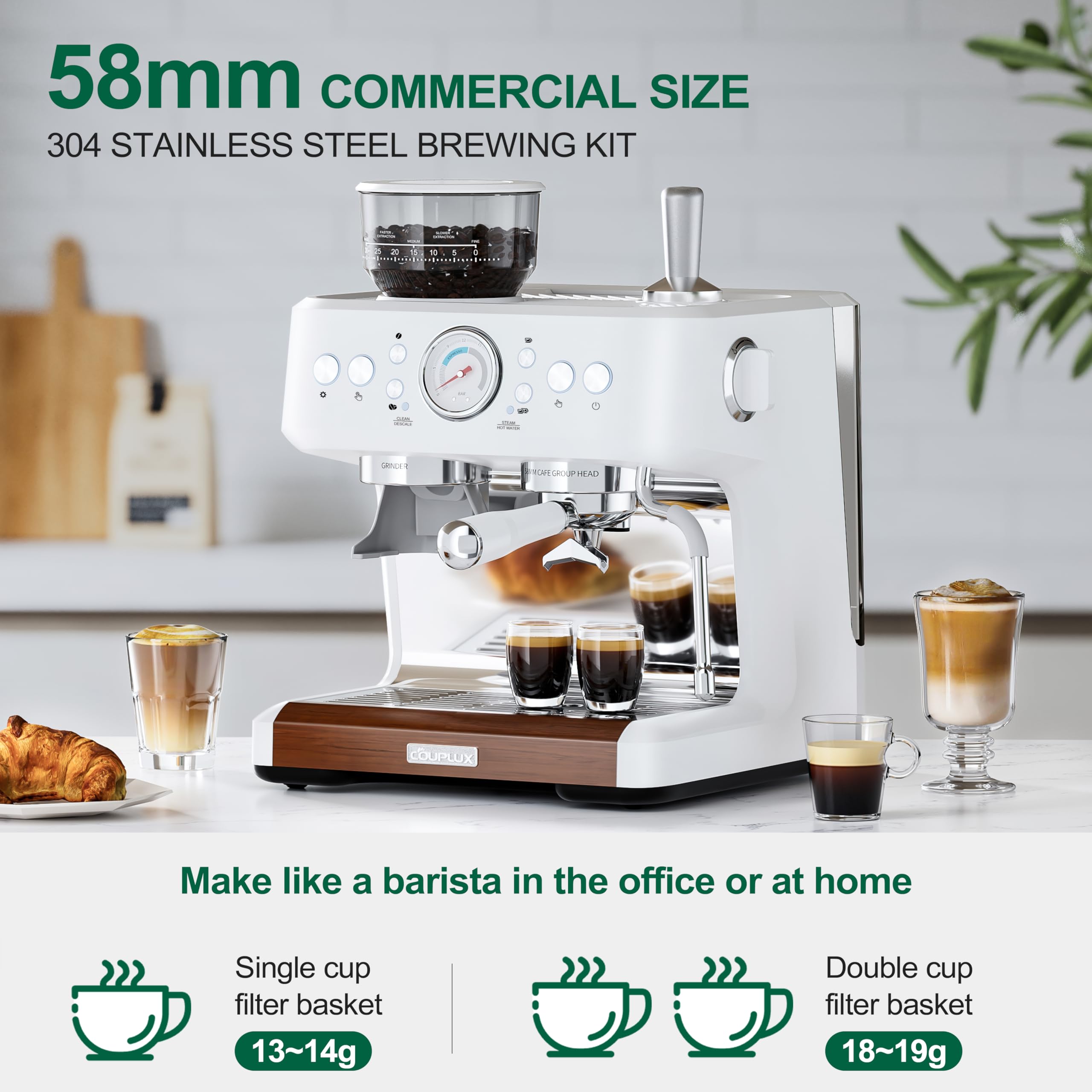 COUPLUX Espresso Machine with Grinder, Coffee and Espresso Maker Combo All in One Coffee Machine, 20 Bar Cafe Espresso Machine with Milk Frother for Latte Cappuccino, 2.8L Water Tank, 58MM Portafilter