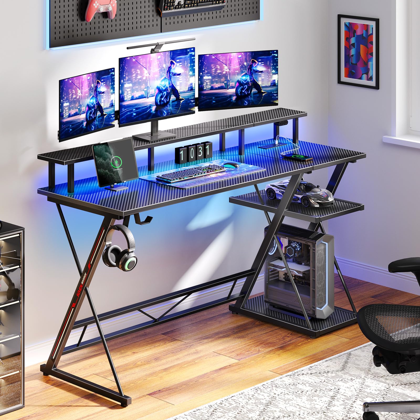 SEVEN WARRIOR Gaming Desk with LED Lights & Power Outlets, 55" Computer Desk with Monitor Stand & Storage Shelf, Gaming Table with Earphone Hook, Office Desk with Footrest, Carbon Fiber Black