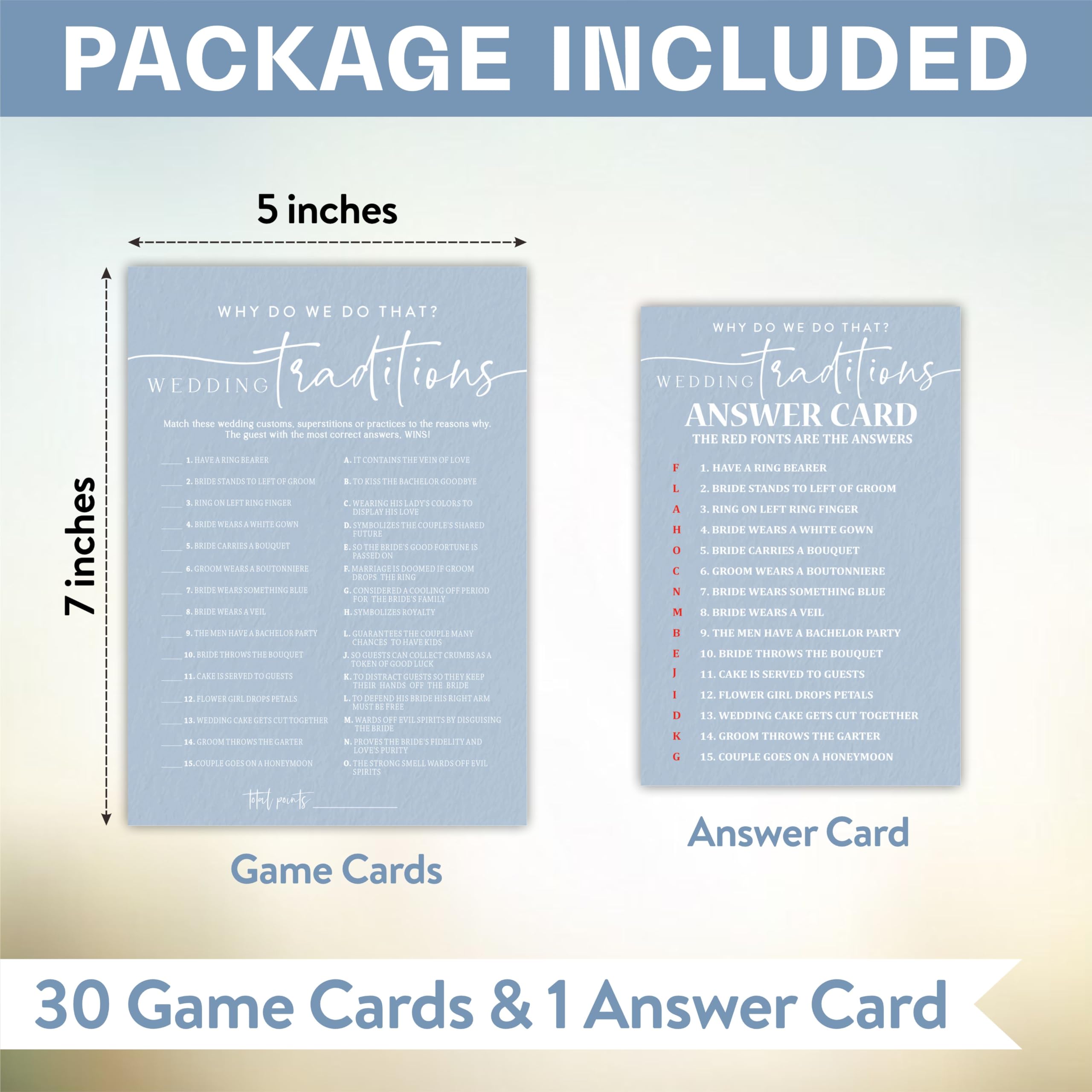 EXW Elegant Blue Bridal Shower Game Cards - Wedding Traditions Game - Engagement Party Cards, Newlyweds Party Decorations, Bridal Shower Game Supplies (30 Game Cards & 1 Answer Card) - A08