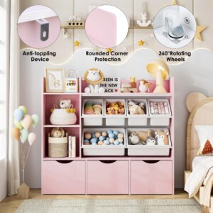 FACBOTALL Toy Storage Organizer with 3 Movable Drawers, Bookshelf and Bookcase with 6 Plastic Bins & 2 Storage Cubbies, Toy Chest with Hidden Wheels, Toy Storage Box for Playroom, School, Pink