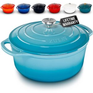 zulay kitchen 6 quart enameled cast iron dutch oven with lid – premium durability & oven safe up to 500°f – heavy duty cookware perfect for bread baking, stews, braising & roasting – turquoise