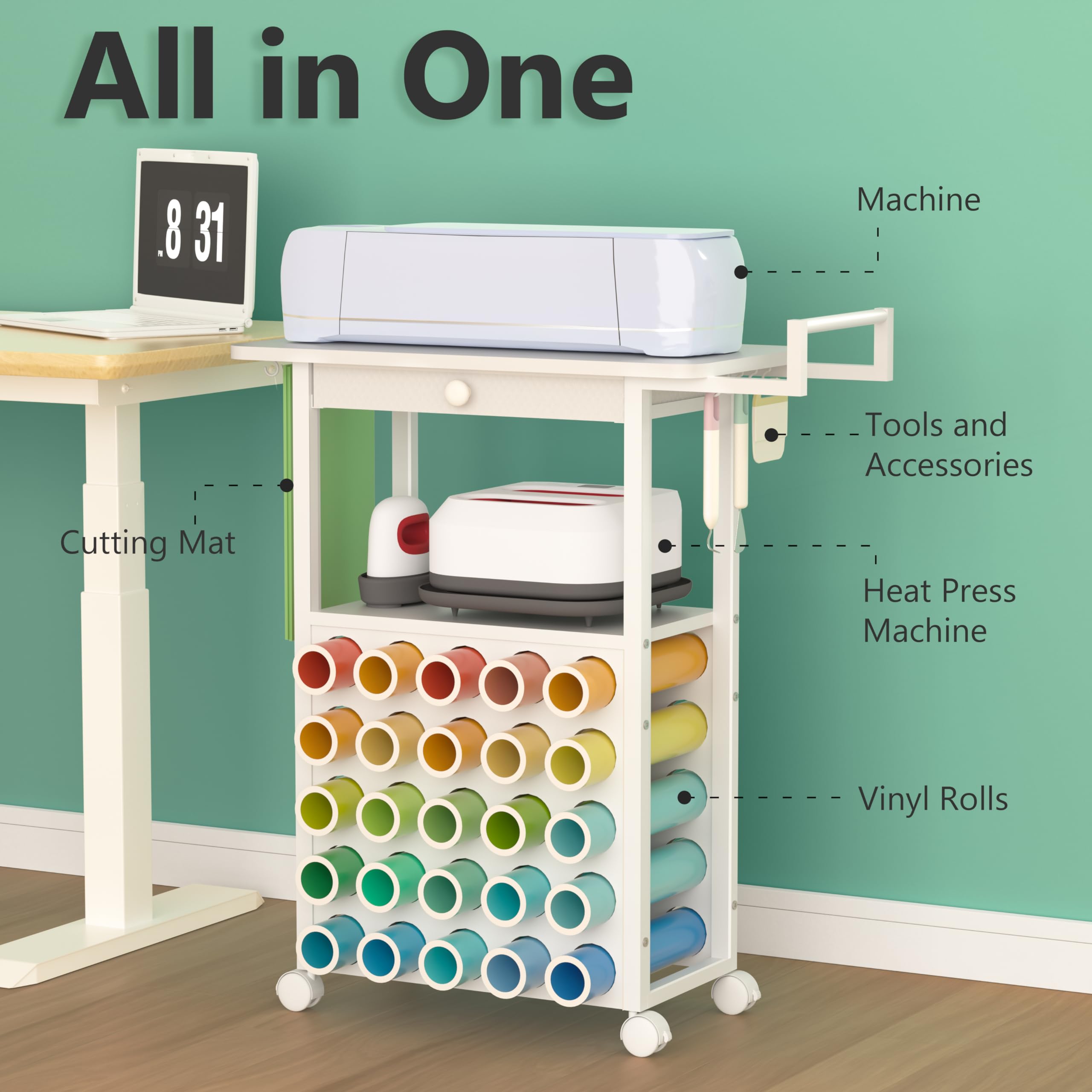 ousamili Craft Organization and Storage Cart Compatible with Cricut Machines, Craft Table with 25 Vinyl Roll Holder, Craft Cabinet Table for Craft Room and Home Workstation