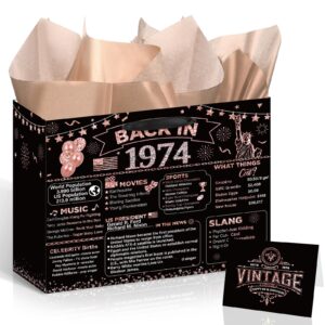 vintage 50th birthday gift bag with happy 50th birthday greeting card and tissue paper for women black rose gold 50th birthday gift wrap bag with handles for 50th birthday party decorations supplies