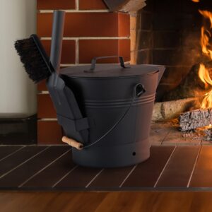 Pure Garden Ash Bucket with Lid, Broom, and Shovel, Black