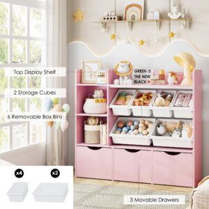 FACBOTALL Toy Storage Organizer with 3 Movable Drawers, Bookshelf and Bookcase with 6 Plastic Bins & 2 Storage Cubbies, Toy Chest with Hidden Wheels, Toy Storage Box for Playroom, School, Pink