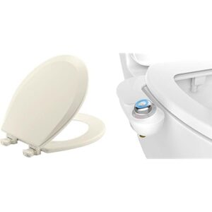 bemis 500ec toilet seat and bidet bundle, easy clean wood toilet seat with non-electric, easy to install slimglow bidet attachment, round, biscuit