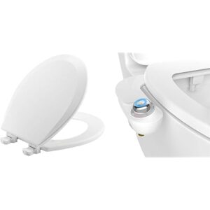 bemis 500ec toilet seat and bidet bundle, easy clean wood toilet seat with non-electric, easy to install slimglow bidet attachment, round, cotton white