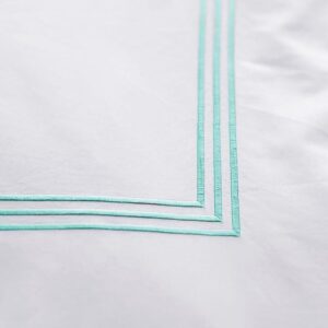 The Tangerine Store 3-Piece Lines Pure Linen Duvet Cover Set (102x90 inches) - King Size, White with Turquoise Blue Embroidered Edge - Zip Closure, 4 Corner Ties, Pre-Washed Fabric