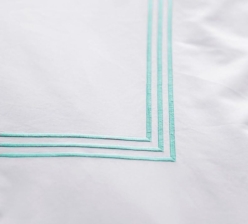 The Tangerine Store 3-Piece Lines Pure Linen Duvet Cover Set (102x90 inches) - King Size, White with Turquoise Blue Embroidered Edge - Zip Closure, 4 Corner Ties, Pre-Washed Fabric