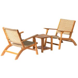 Panana 3 Pieces Patio Furniture Set Acacia Wood Side Table and PE Rattan Wicker Bistro Set Wooden Chairs for Outdoor, Deck, Porch, Poolside, Balcony