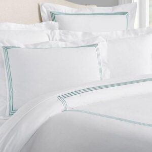 The Tangerine Store 3-Piece Lines Pure Linen Duvet Cover Set (102x90 inches) - King Size, White with Turquoise Blue Embroidered Edge - Zip Closure, 4 Corner Ties, Pre-Washed Fabric