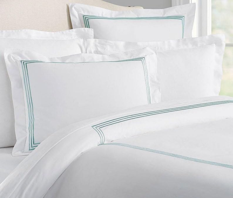 The Tangerine Store 3-Piece Lines Pure Linen Duvet Cover Set (102x90 inches) - King Size, White with Turquoise Blue Embroidered Edge - Zip Closure, 4 Corner Ties, Pre-Washed Fabric