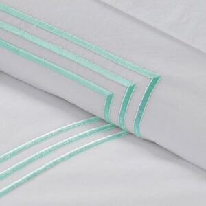 The Tangerine Store 3-Piece Lines Pure Linen Duvet Cover Set (102x90 inches) - King Size, White with Turquoise Blue Embroidered Edge - Zip Closure, 4 Corner Ties, Pre-Washed Fabric