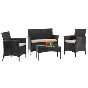 nchanmar patio furniture set, 4 pieces outdoor furniture rattan chair, patio table and chairs set, wicker sofa for yard,pool and backyard, black