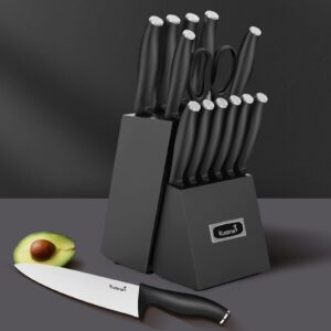 Kuisine Kitchen Chef Knife Block Set,High Carbon Stainless Steel Razor-Sharp Blade Ergonomic Handle,Knife Set Block with Built-in Sharpener,Elegant Gift(Black,15pcs)