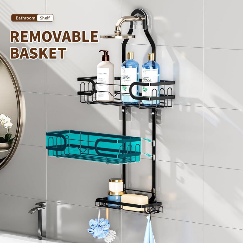 Tonswachic Shower Caddy Hanging, Rustproof Shower Organizer - Anti-Swing Shower Shelf Racks Over Shower Head, Bathroom Shower Caddies 3-Tier with Storage Basket, Soup Holder, Hooks for Razor/Sponge