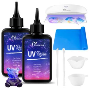 uv resin kit 200g with uv light, hard type uv resin kit, upgraded formula & crystal clear uv resin for jewlery making, 100g*2 resin uv kit with light for earring, pendant, diy