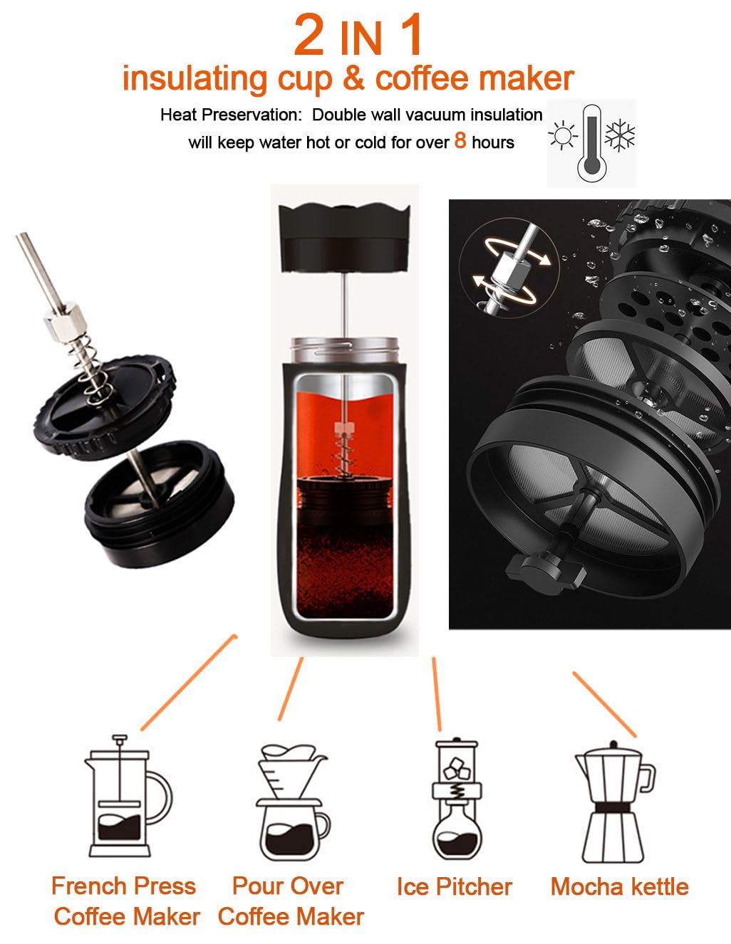 Portable French Press Travel Coffee Maker, Double Walled Stainless Steel Vacuum Insulated Coffee Maker and Tea Maker,12 Ounce, Mini Vacuum Mug Filter Coffee Cup for Travel (Black)