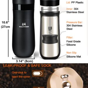 Portable French Press Travel Coffee Maker, Double Walled Stainless Steel Vacuum Insulated Coffee Maker and Tea Maker,12 Ounce, Mini Vacuum Mug Filter Coffee Cup for Travel (Black)