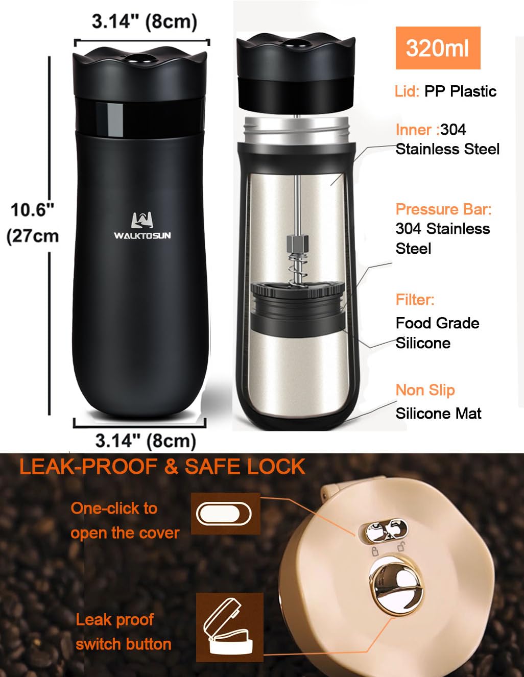 Portable French Press Travel Coffee Maker, Double Walled Stainless Steel Vacuum Insulated Coffee Maker and Tea Maker,12 Ounce, Mini Vacuum Mug Filter Coffee Cup for Travel (Black)