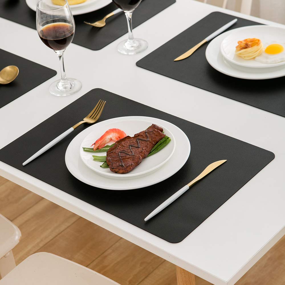 DOLOPL Placemats Set of 6, Black Waterproof Faux Leather Heat Resistant Mats for Kitchen Dining Room Table Decorations, Anti Slip Dining Table Place Mats for Indoor & Outdoor Use