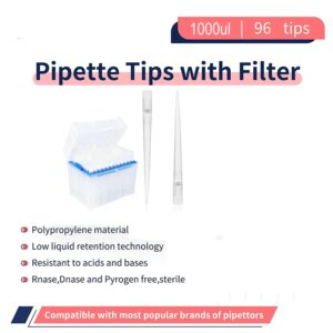 1000ul Filter Pipette Tips - Universal Pipette Tips，with Box RNase/DNase Free & Pyrogen Safe, 96 Tips/Rack Pk x 10 Racks (960 Tips)