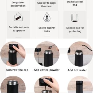 Portable French Press Travel Coffee Maker, Double Walled Stainless Steel Vacuum Insulated Coffee Maker and Tea Maker,12 Ounce, Mini Vacuum Mug Filter Coffee Cup for Travel (Black)