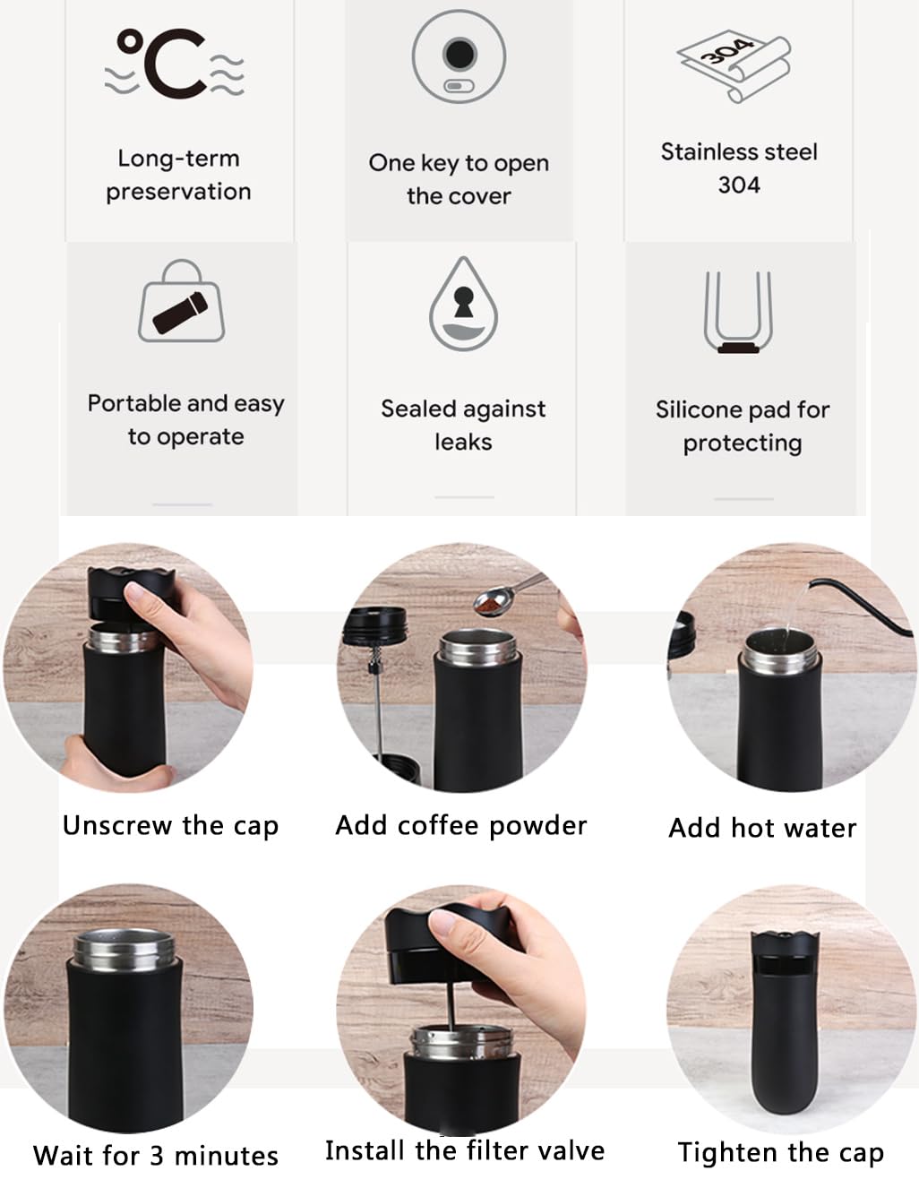 Portable French Press Travel Coffee Maker, Double Walled Stainless Steel Vacuum Insulated Coffee Maker and Tea Maker,12 Ounce, Mini Vacuum Mug Filter Coffee Cup for Travel (Black)