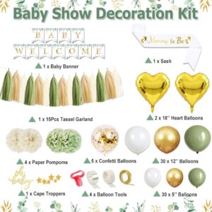 JerDorgo Baby Shower Decorations, 220 Pcs Sage Green Baby Shower Decorations Kits with Party Plates and Napkins Sets, Baby Shower Decor Party Supplies with Banner, Balloons, Sash, Cake Topper