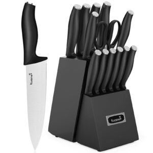 kuisine kitchen chef knife block set,high carbon stainless steel razor-sharp blade ergonomic handle,knife set block with built-in sharpener,elegant gift(black,15pcs)