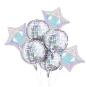 Iridescent Disco Party Foil Balloons With Clear Star Balloons 4D Silver Aluminum Balloons,for Birthday, Bachelorette Party, 70s 80s Theme Last Disco Party Decorations Supplies (Transparent 4+3)