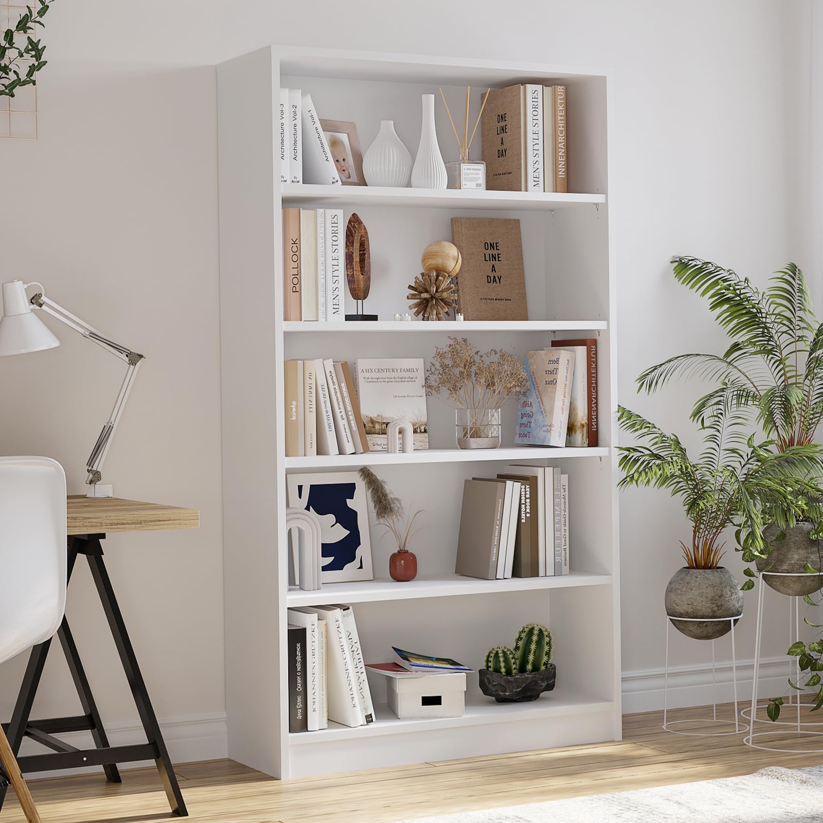 Farini 5-Shelf Bookshelf,Free Standing Bookcase for Home Office,White