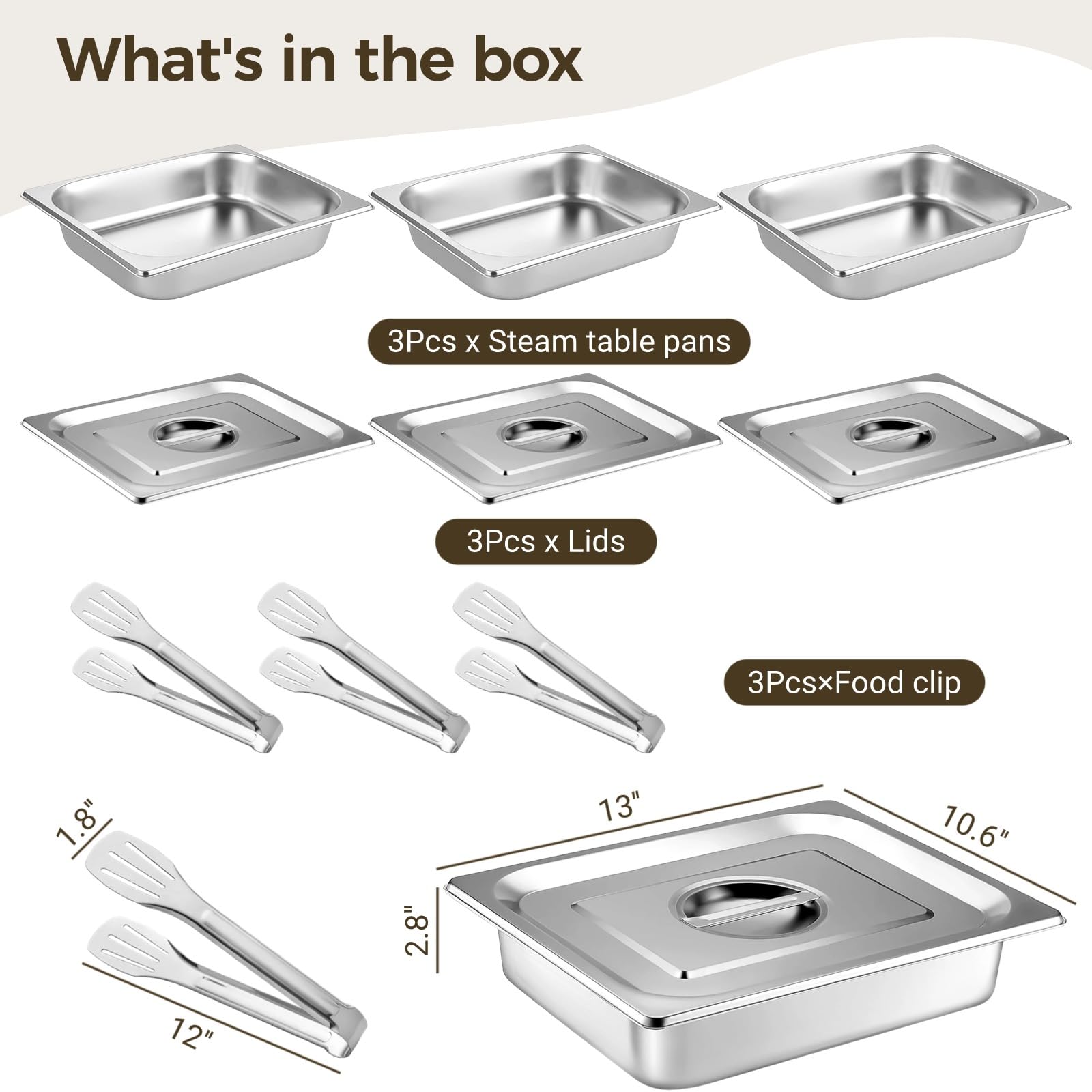 3 Pack Hotel Pans Half Size 2.5 inch Deep, Steam Table Pan with Lid and Tong, Stainless Steel Anti Jam Steam Table Pans, Commercial Catering Food Pan