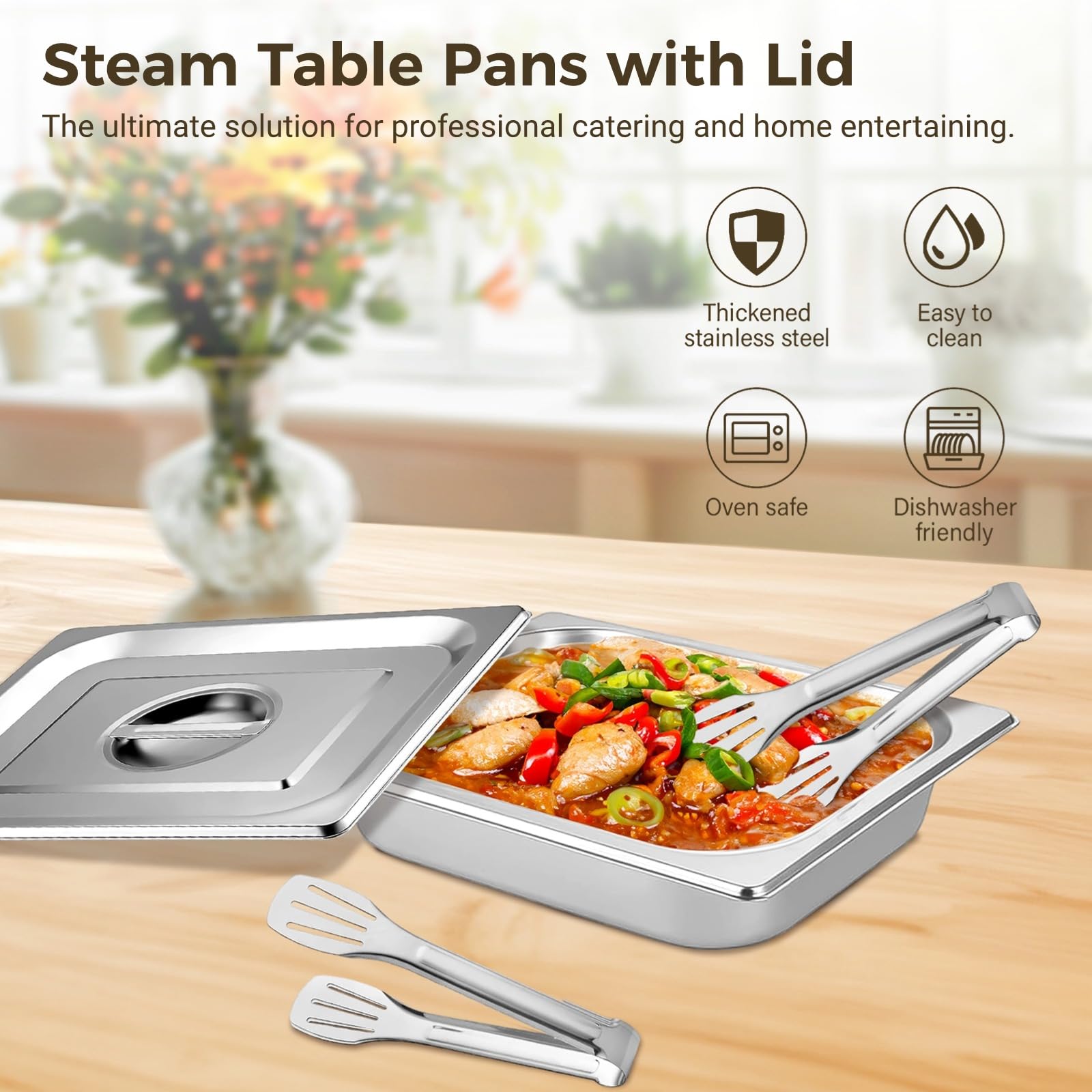 3 Pack Hotel Pans Half Size 2.5 inch Deep, Steam Table Pan with Lid and Tong, Stainless Steel Anti Jam Steam Table Pans, Commercial Catering Food Pan