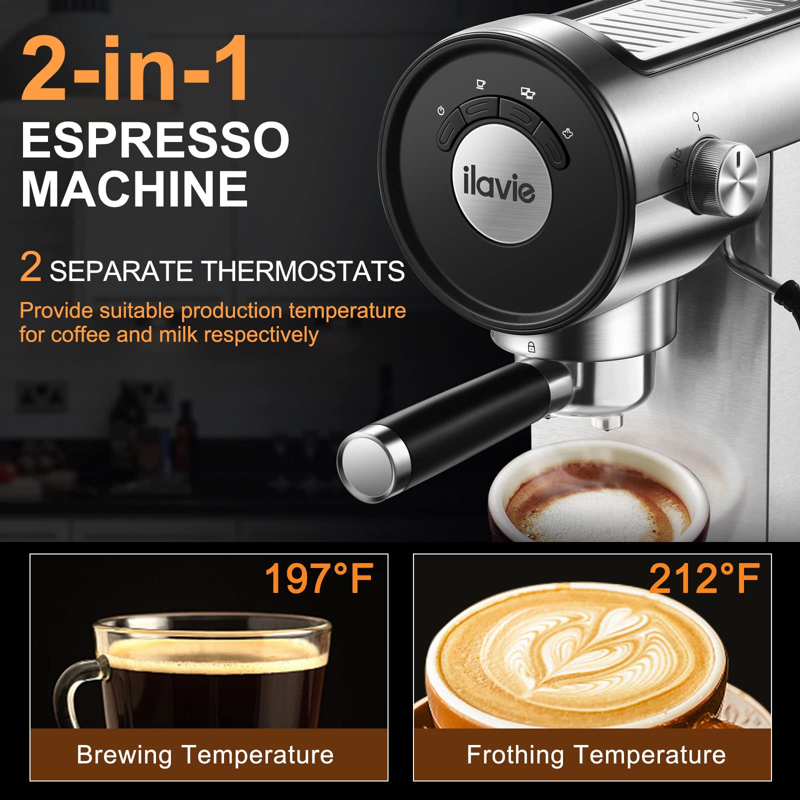 ILAVIE 20Bar Espresso Coffee Machine, Espresso Maker with Steamer for Cappuccino, Latte, Espresso Machine for Home Use, 900ml Removable Water Tank, Stainless Steel