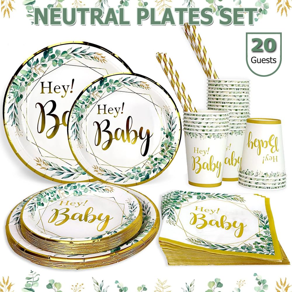 JerDorgo Baby Shower Decorations, 220 Pcs Sage Green Baby Shower Decorations Kits with Party Plates and Napkins Sets, Baby Shower Decor Party Supplies with Banner, Balloons, Sash, Cake Topper