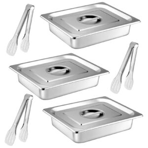 3 Pack Hotel Pans Half Size 2.5 inch Deep, Steam Table Pan with Lid and Tong, Stainless Steel Anti Jam Steam Table Pans, Commercial Catering Food Pan