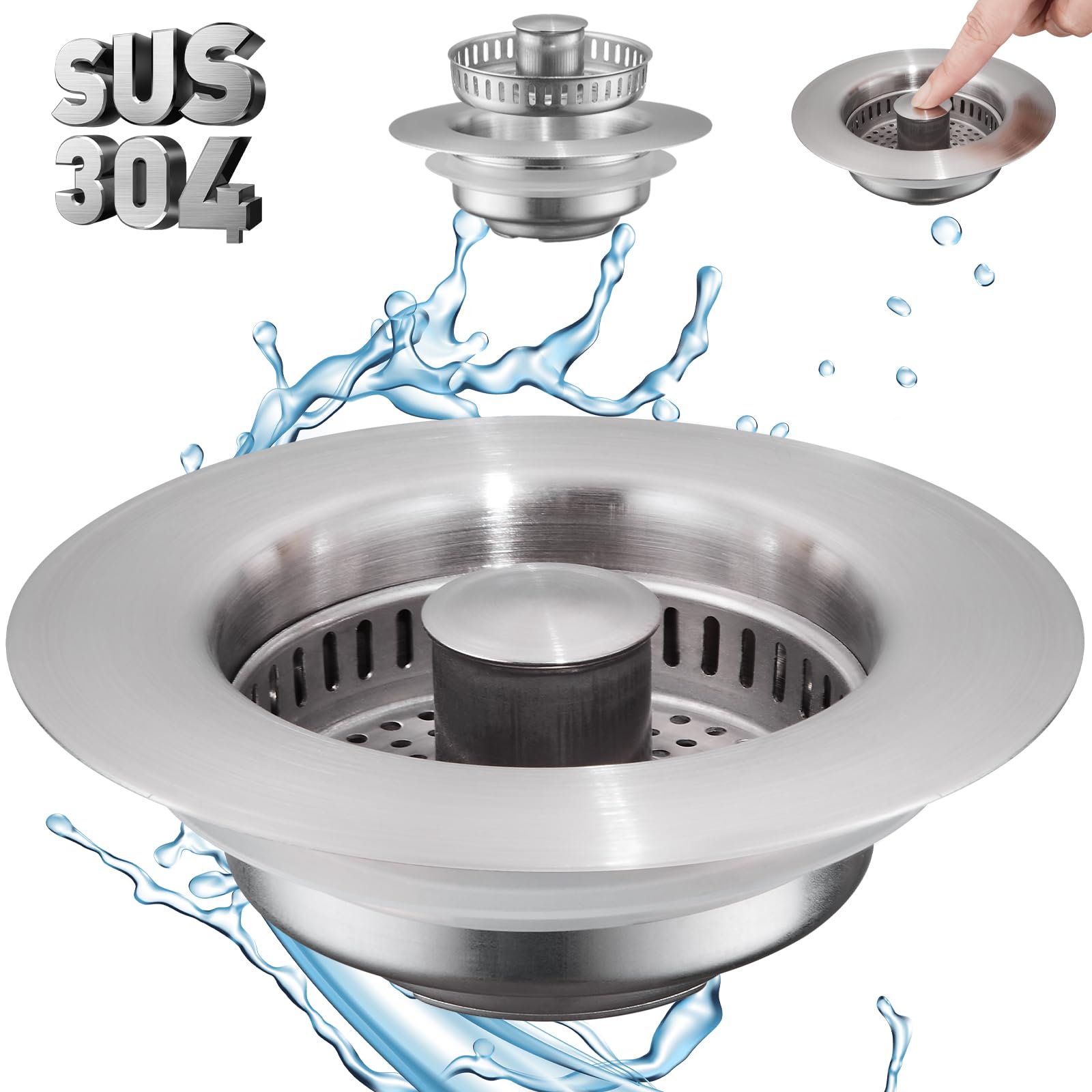 4 in 1 Kitchen Sink Drain Strainer Stopper, Pollock SUS304 Stainless Steel Pop-up Kitchen Sink Stopper with Strainer Basket, Anti-Clogging Kitchen Sink Plug for US Standard 3-1/2 Inch Drain