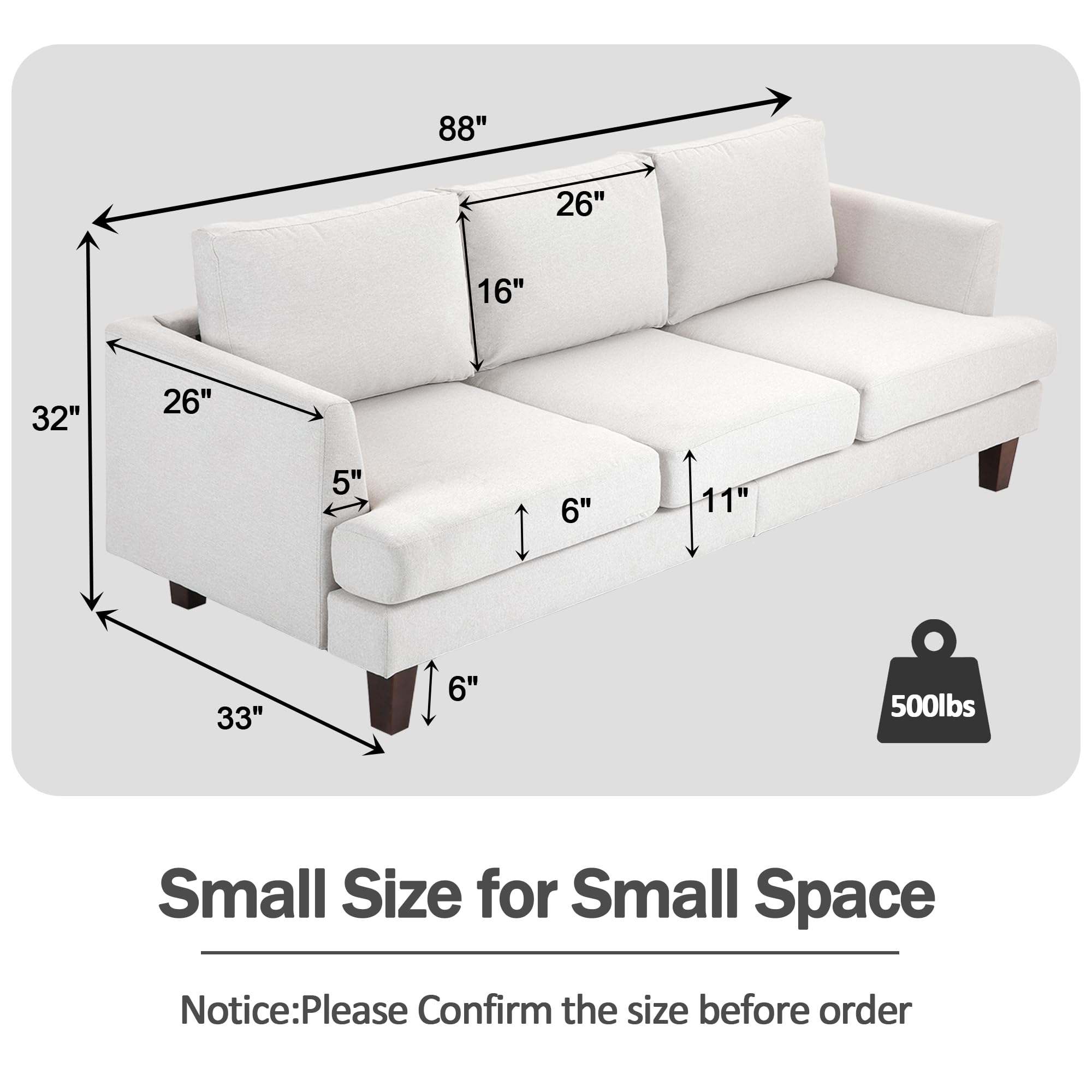 HXZDZ 88" W Loveseat Sofa, Mid Century Modern Decor Love Seat Couches, Comfy Couches and Sofas for Living Room, Bedroom, Office, Small Space, Easy to Install Furniture (3-Seater Sofa, Beige)