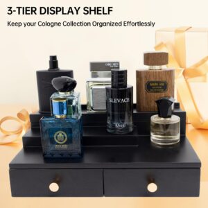 hismocal Cologne Organizer for Men, Cologne Stand Display Shelf, Great Men's Gift with Drawer Holder Of Hidden Compartment Organizer, 3 Tier Wood Wooden Stand for Storing Perfumes