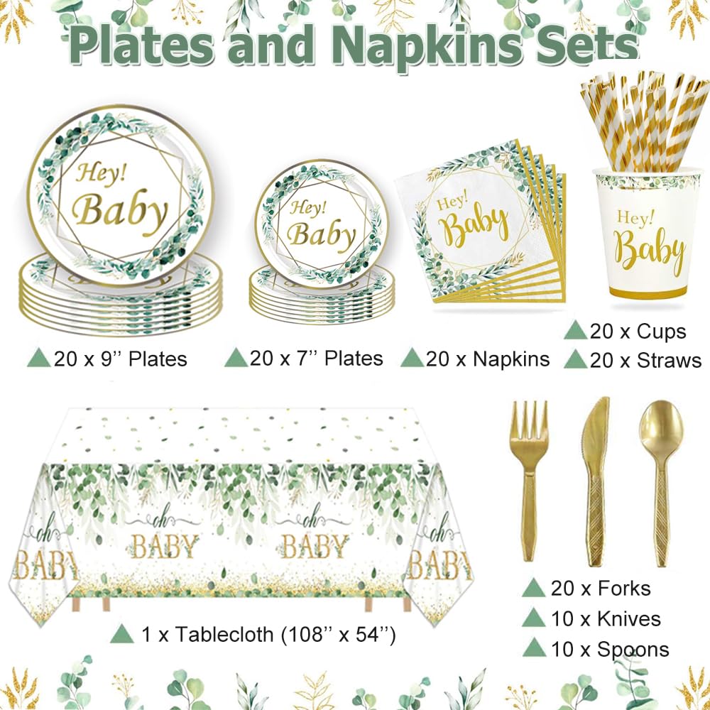 JerDorgo Baby Shower Decorations, 220 Pcs Sage Green Baby Shower Decorations Kits with Party Plates and Napkins Sets, Baby Shower Decor Party Supplies with Banner, Balloons, Sash, Cake Topper