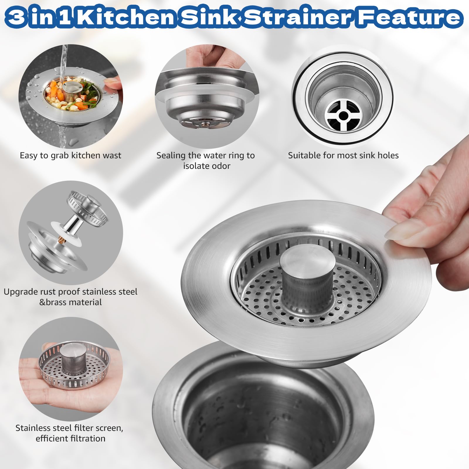 4 in 1 Kitchen Sink Drain Strainer Stopper, Pollock SUS304 Stainless Steel Pop-up Kitchen Sink Stopper with Strainer Basket, Anti-Clogging Kitchen Sink Plug for US Standard 3-1/2 Inch Drain