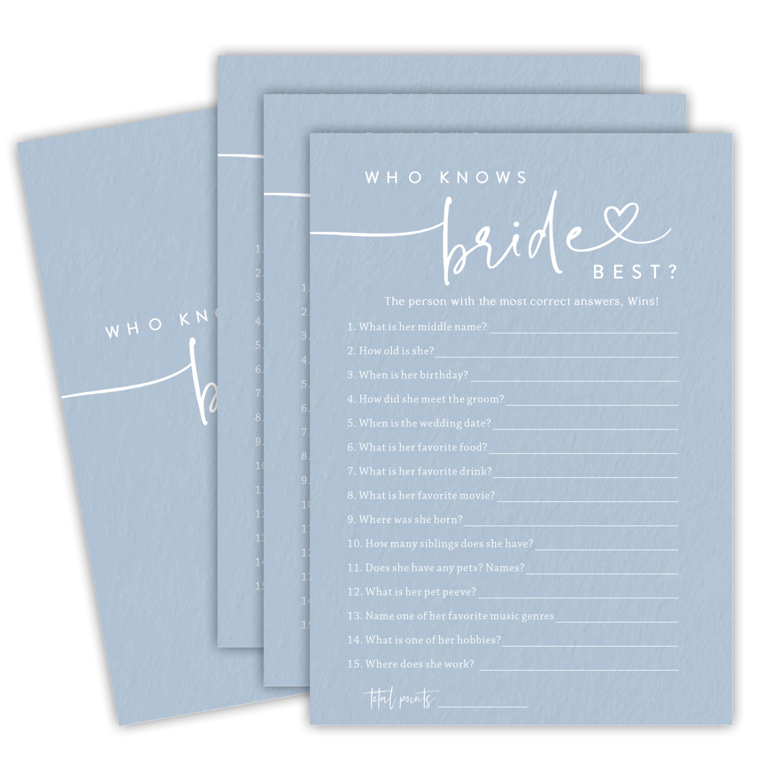 EXW Elegant Blue Bridal Shower Game Cards - Who Knows The Bride Best - Engagement Party Cards, Newlyweds Party Decorations, 30 Pcs Per Set, Bridal Shower Game Supplies - A03