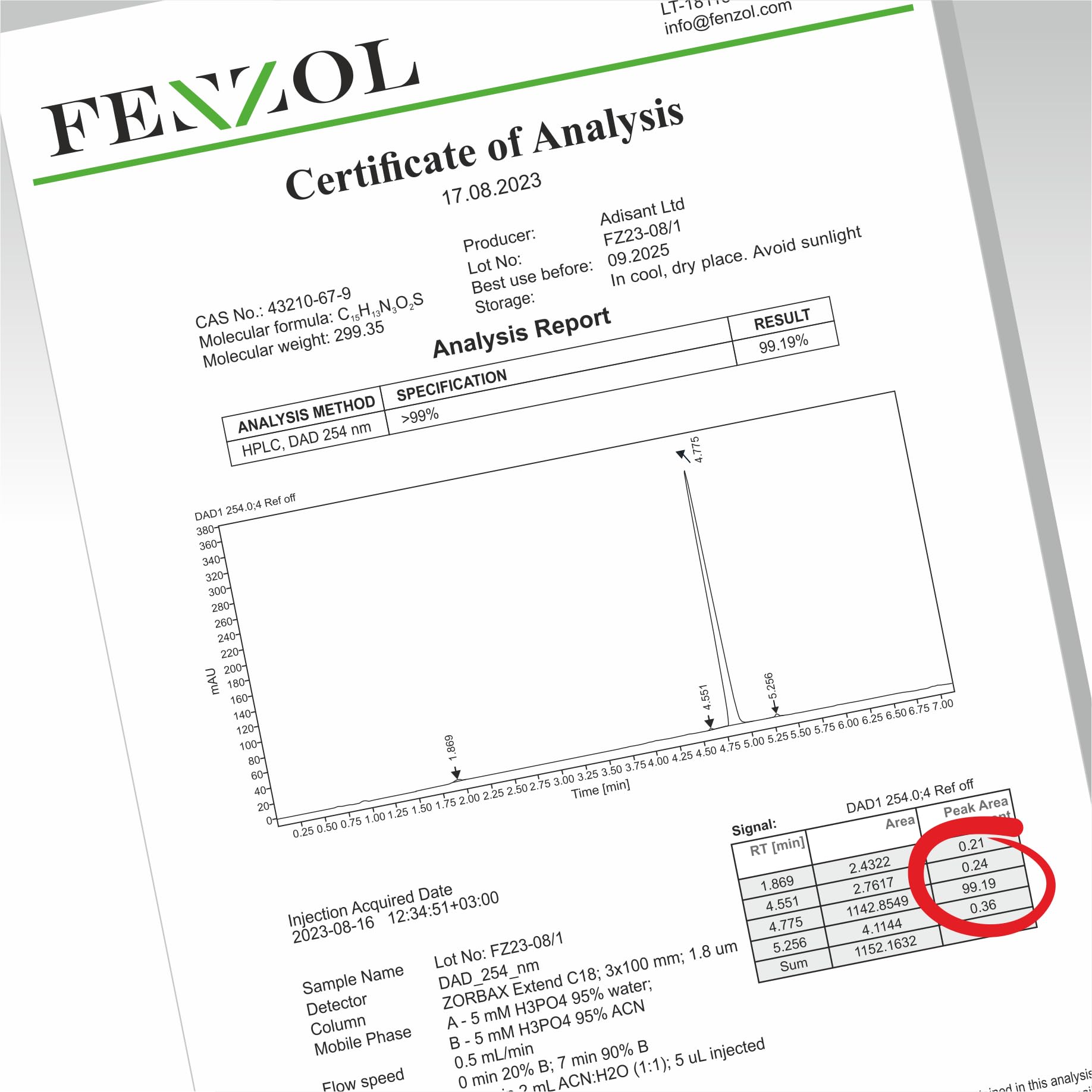 FENZOL 100 | g | (3.5oz) | Fen Powder | 222 | mg Spoon Inside | >99%