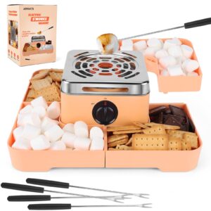 arnvcs indoor smore maker electric, s'mores maker tabletop indoor, marshmallow roaster table top with flamesless heater & 4 serving trays & 4 skewers for chocolate, family kids fun-peach color