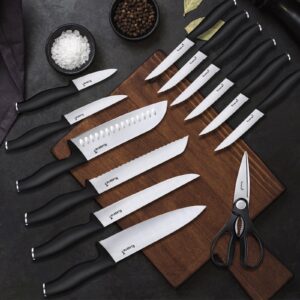 Kuisine Kitchen Chef Knife Block Set,High Carbon Stainless Steel Razor-Sharp Blade Ergonomic Handle,Knife Set Block with Built-in Sharpener,Elegant Gift(Black,15pcs)